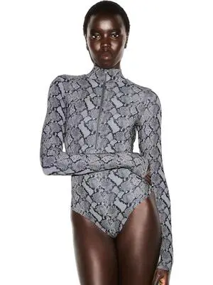 Skims Stretch Vinyl Long Sleeve Zip Front Bodysuit - Onyx